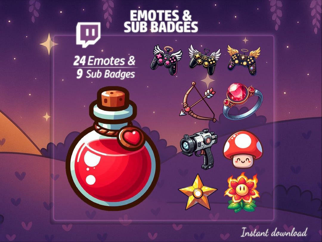 24 Video Game Item Emotes & 9 Sub Badges | Pixel Art Twitch Emotes ...