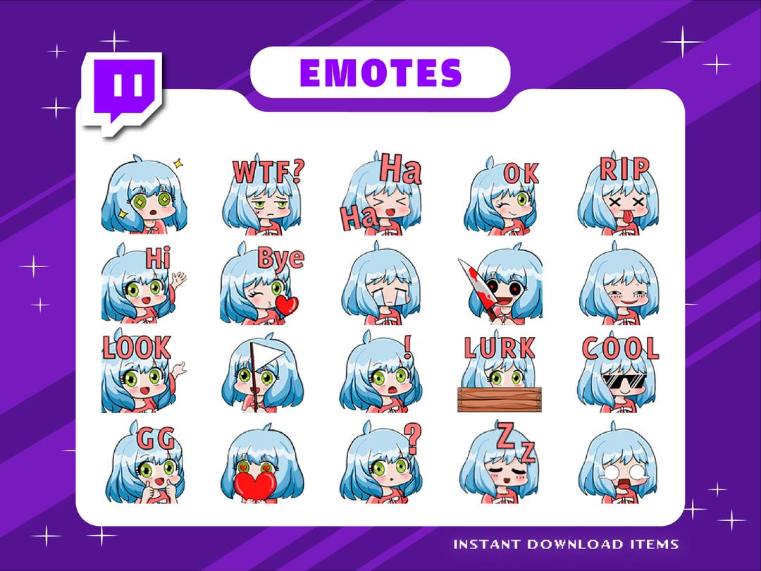 Twitch Emotes, Blue Hair Girl Emotes, Anime Emotes, Girl Emotes, Chibi ...