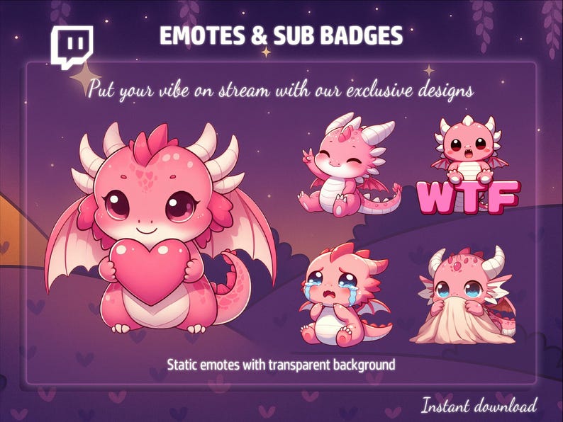 Pink Dragon Twitch Emotes + Fire Sub Badges – 24 Cute Emotes & 9 Tier ...