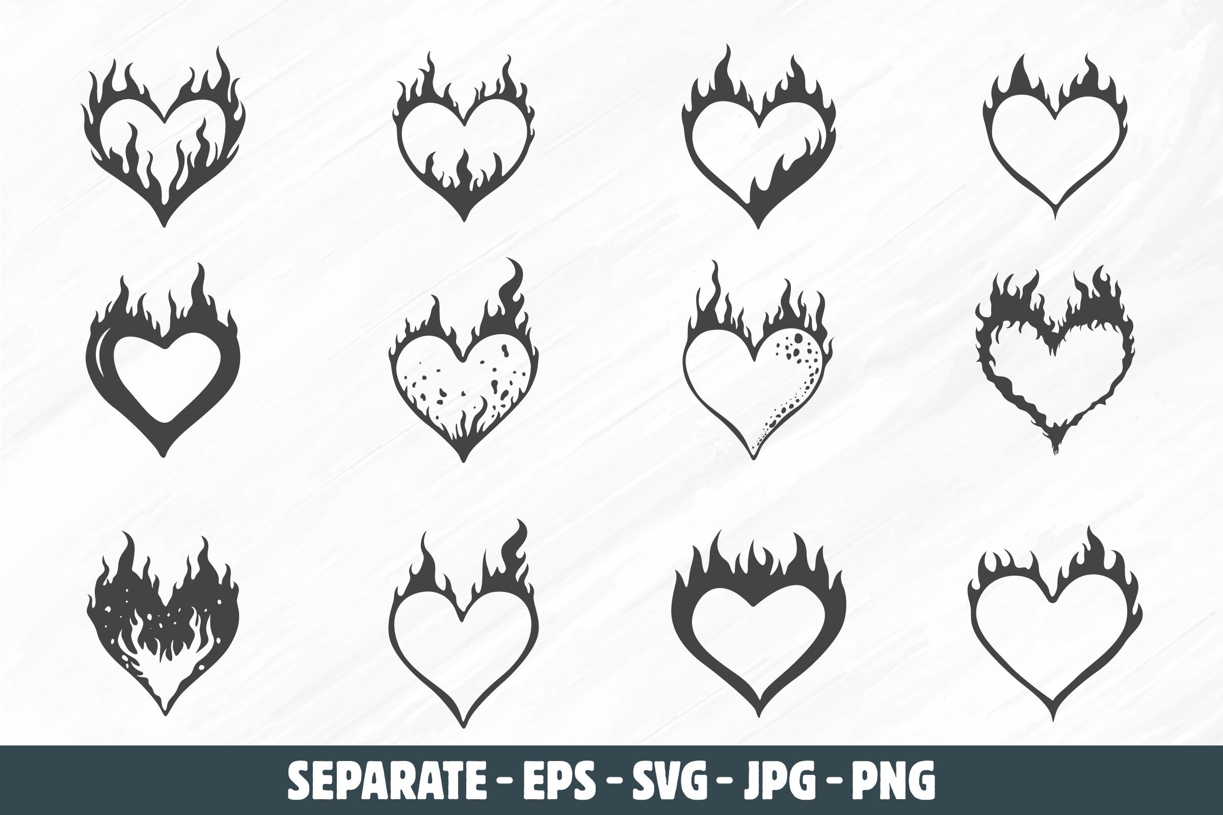 Flaming Heart SVG Bundle, Fire Silhouette, Burning Heart (digital Files ...
