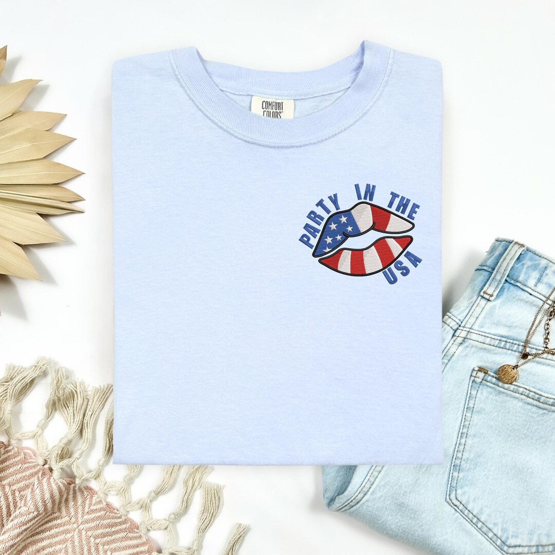 USA Party Lips Embroidered Tee, Comfort Colors, Unisex - Etsy