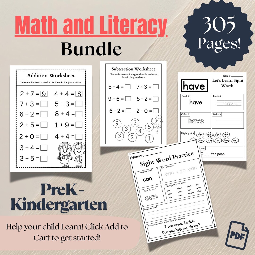 Prek-kindergarten Math & Literacy Bundle: Sight Words, CVC, ABC Tracing ...