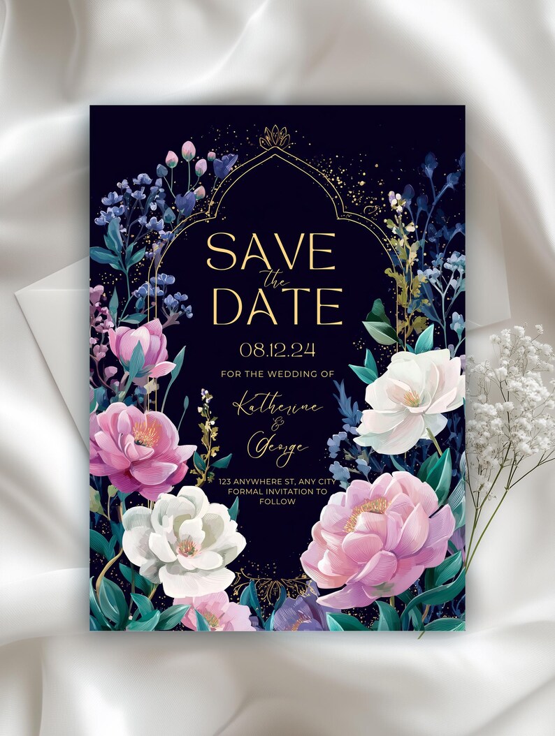 Navy Floral Wedding Invitation Suite, Editable Template (canva) - Etsy