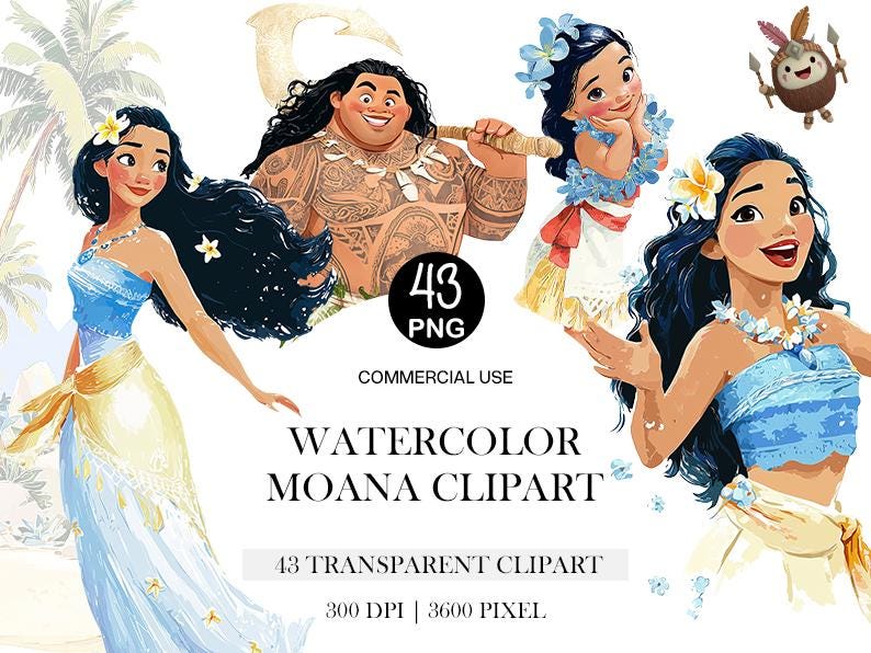 Moana Maui Watercolor Clipart Set: Tropical Hawaiian Summer Birthday ...