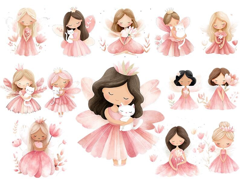 Watercolor Fairy Clipart: Pink Fairies, Floral Elements (PNG, 60 Files ...