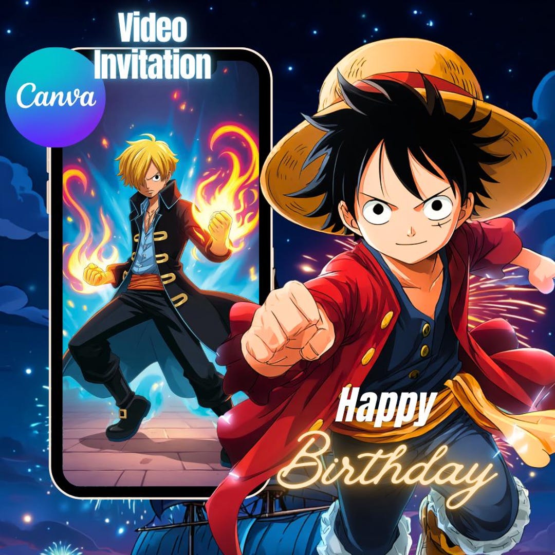 One Piece Birthday Invitation Luffy Animated One Piece Invitation ...