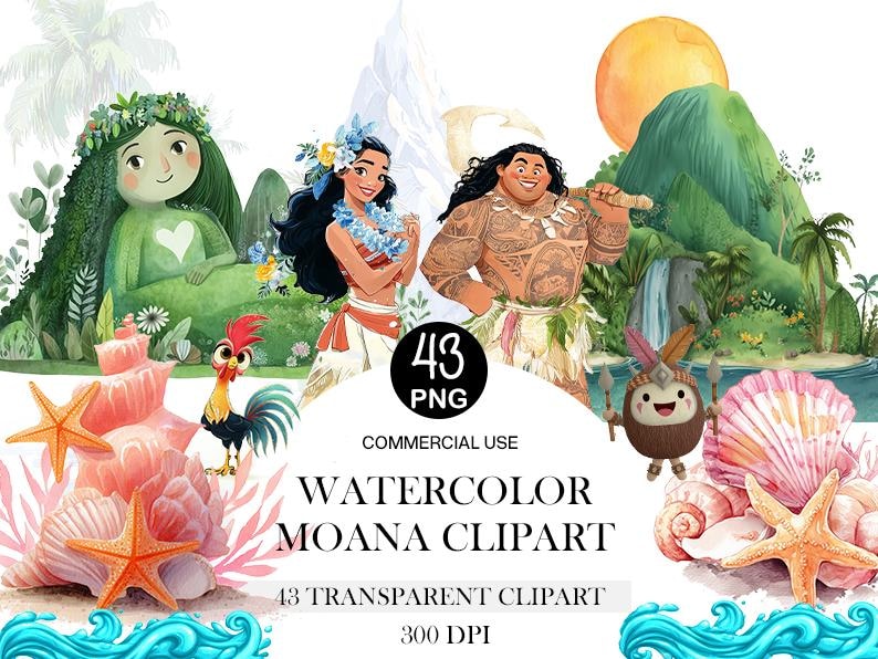 Moana Inspired Watercolor Clipart Set Cute Princess PNG Moana and Maui ...