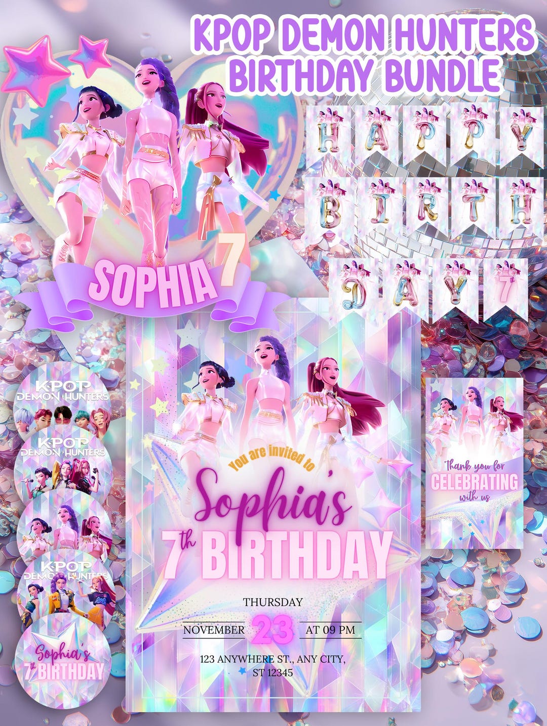 KPOP Demon Hunters Invitation EDITABLE K Pop Birthday Invitation Bundle ...