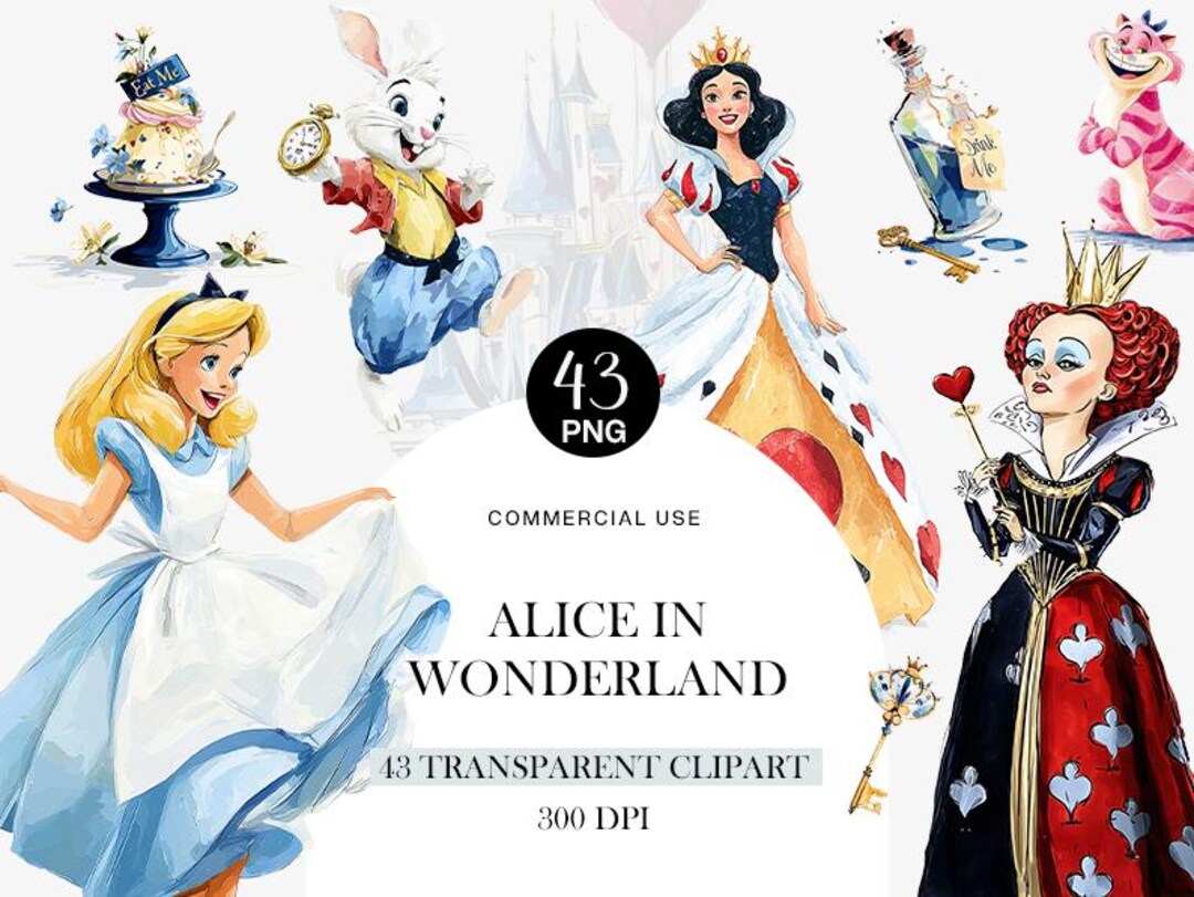 Alice in Wonderland Watercolor Clipart Set: 43 PNG Elements (digital ...