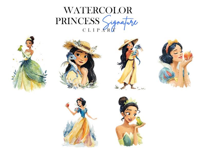 Fairytale Princess Signature Clipart Bundle Watercolor Fairytale PNG ...
