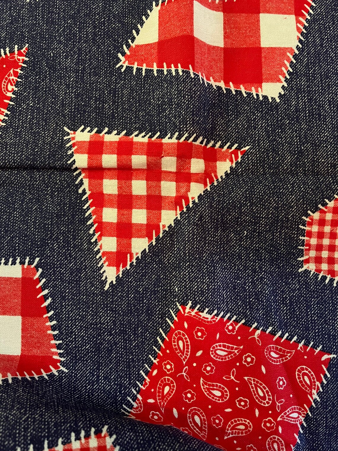 Denim Style Fabric Blue Jeans Patches Plaid Gingham Bandana Red White ...