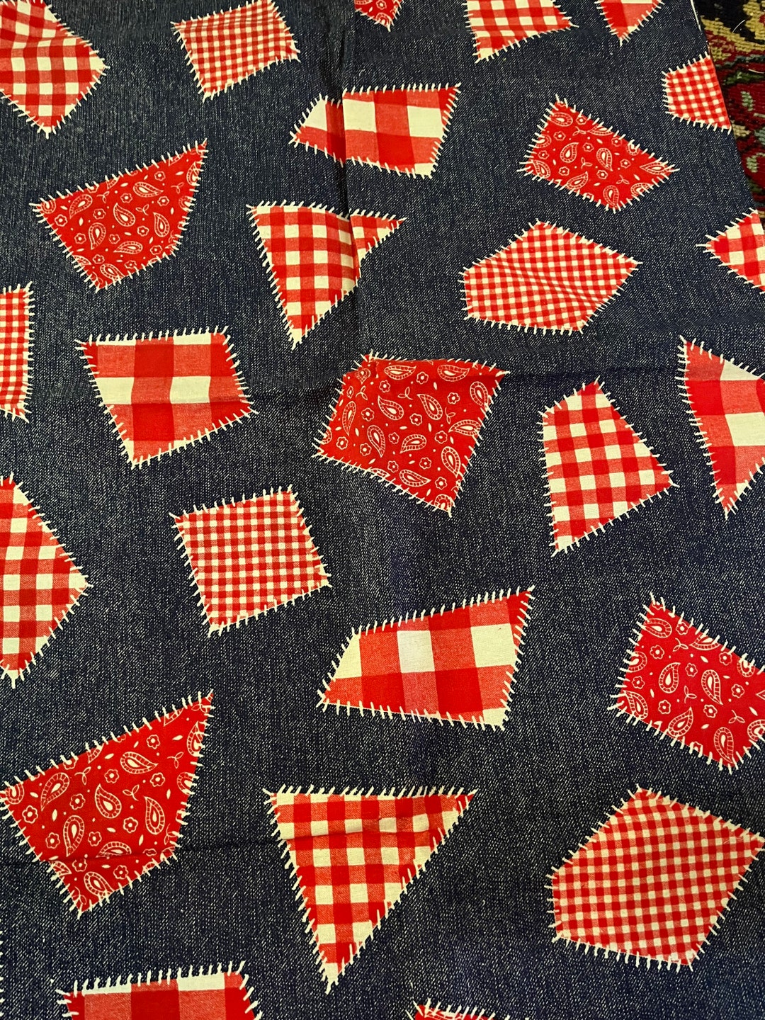 Denim Style Fabric Blue Jeans Patches Plaid Gingham Bandana Red White ...