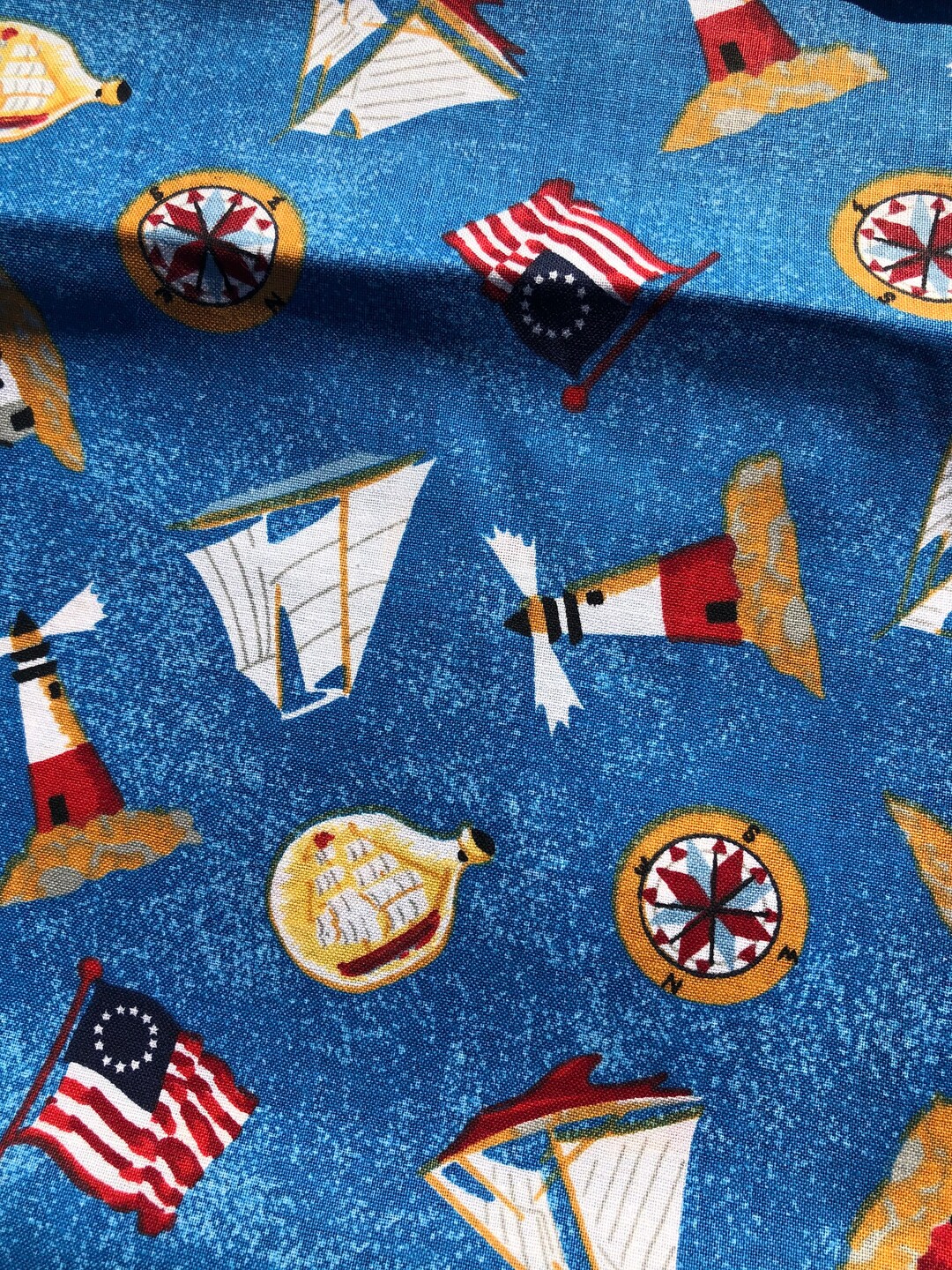 Vintage Nautical Fabric Coastal Beach Ocean Flag Lighthouse Sailboat ...