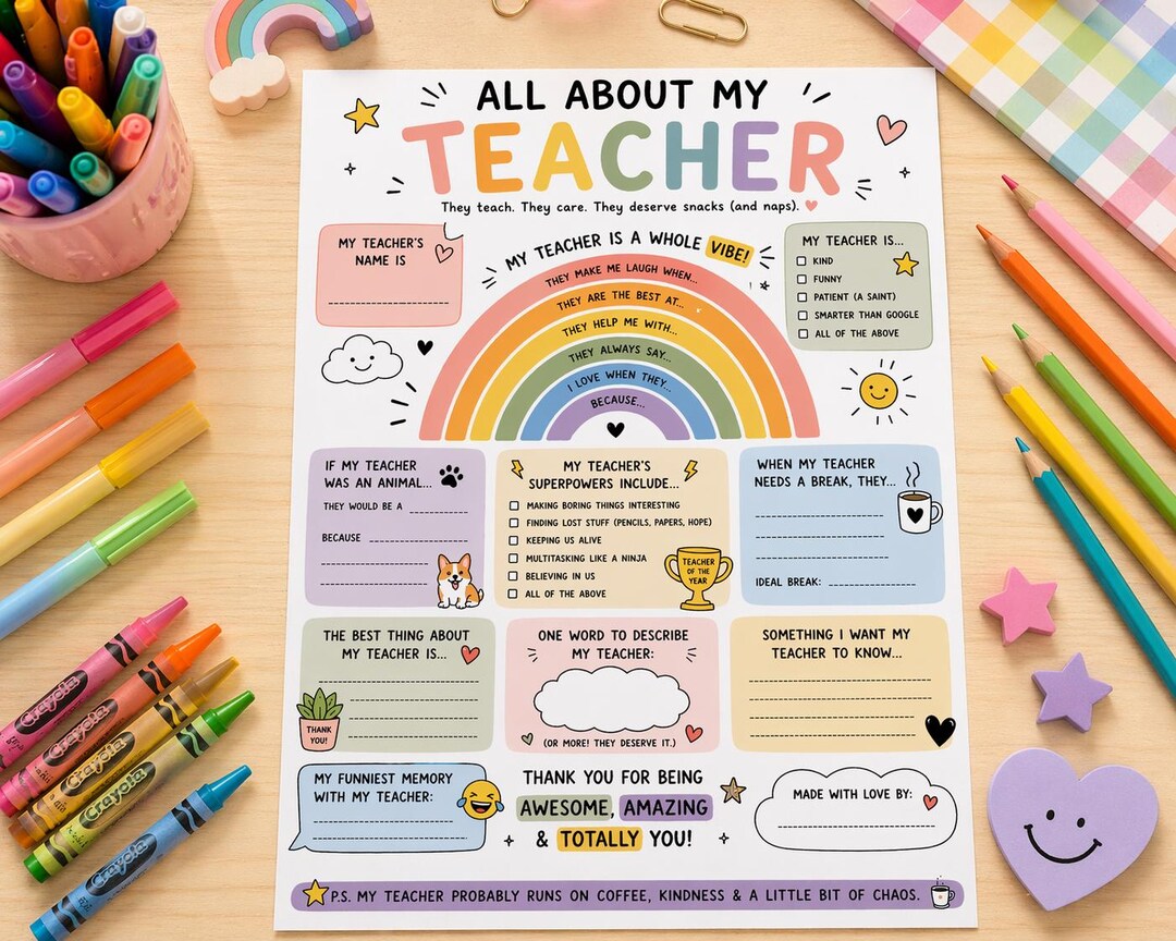 All About My Teacher Worksheet – Fill-in Kids Activity (instant ...