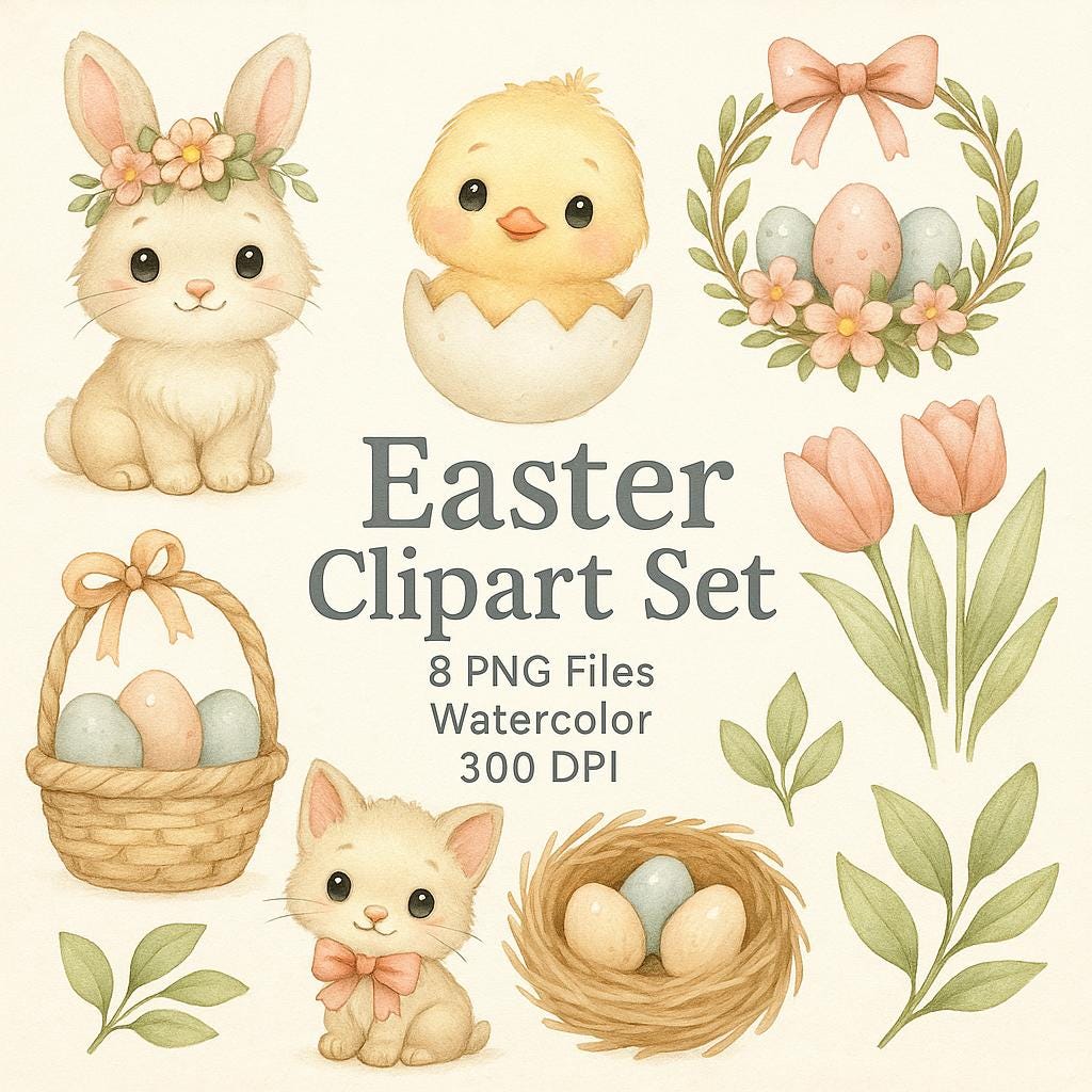 Easter Watercolor Clipart Set – 8 PNG – Bunny, Chick, Basket, Flowers ...