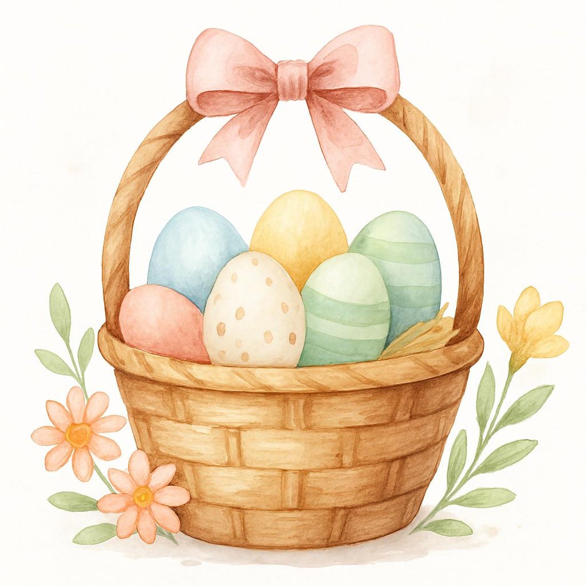 Easter Watercolor Clipart Set – 8 PNG – Bunny, Chick, Basket, Flowers ...
