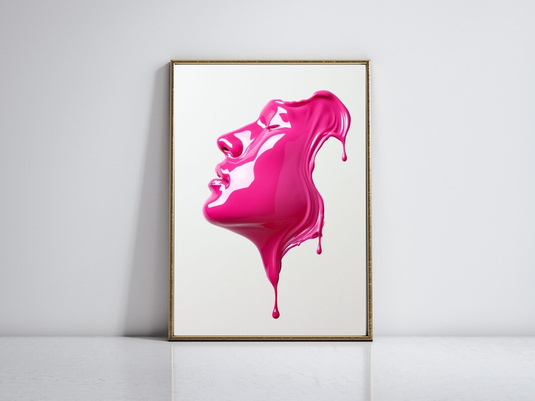 Hot Pink Melting Face Wall Art, Glossy Surreal Portrait Print for Pop ...