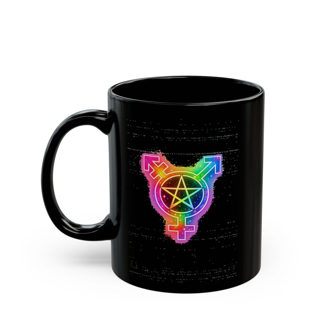 Transgender Pride Sigil Rainbow Pentagram Mug | Black Ceramic Coffee ...