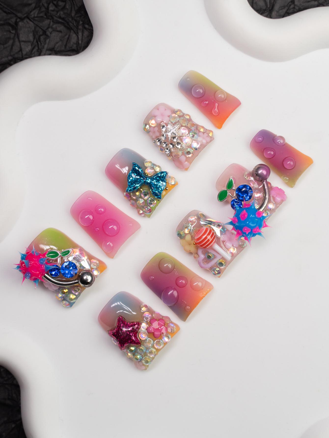Handmade Y2K Baddie Duck Nails/pink Purple Yellow Gradient/french Tips ...