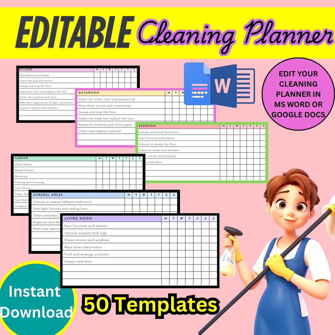EDITABLE Cleaning Planner, Cleaning Checklist, Cleaning Schedule ...