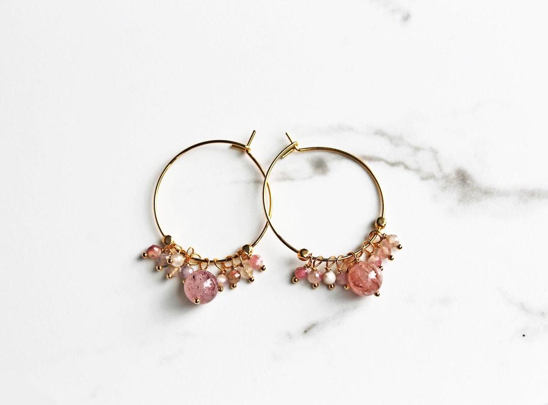 Handmade Strawberry Quartz Pink Tourmaline 14K Gold Fill Hoops - Etsy