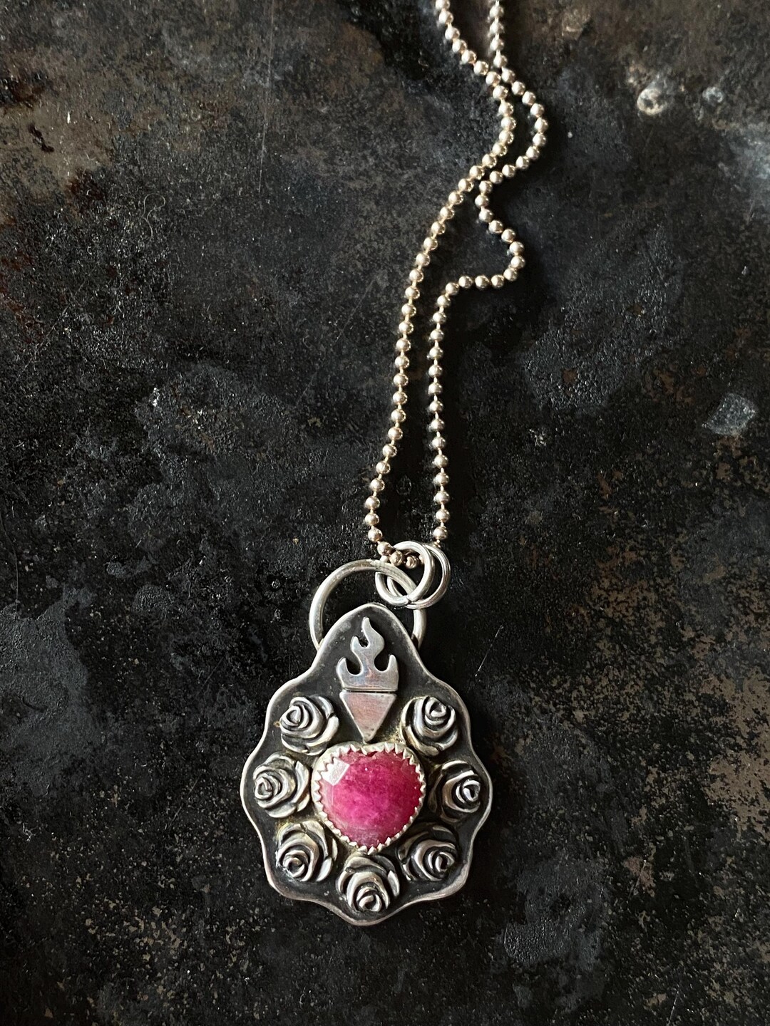Sacred Heart Red Ruby Roses Flames Pendant - July, Capricorn & Root ...