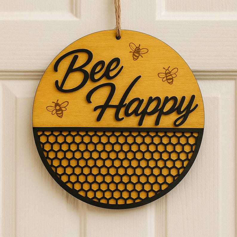 Bee Happy SVG | Honeycomb Door Hanger SVG | Laser Cut Round Sign File ...