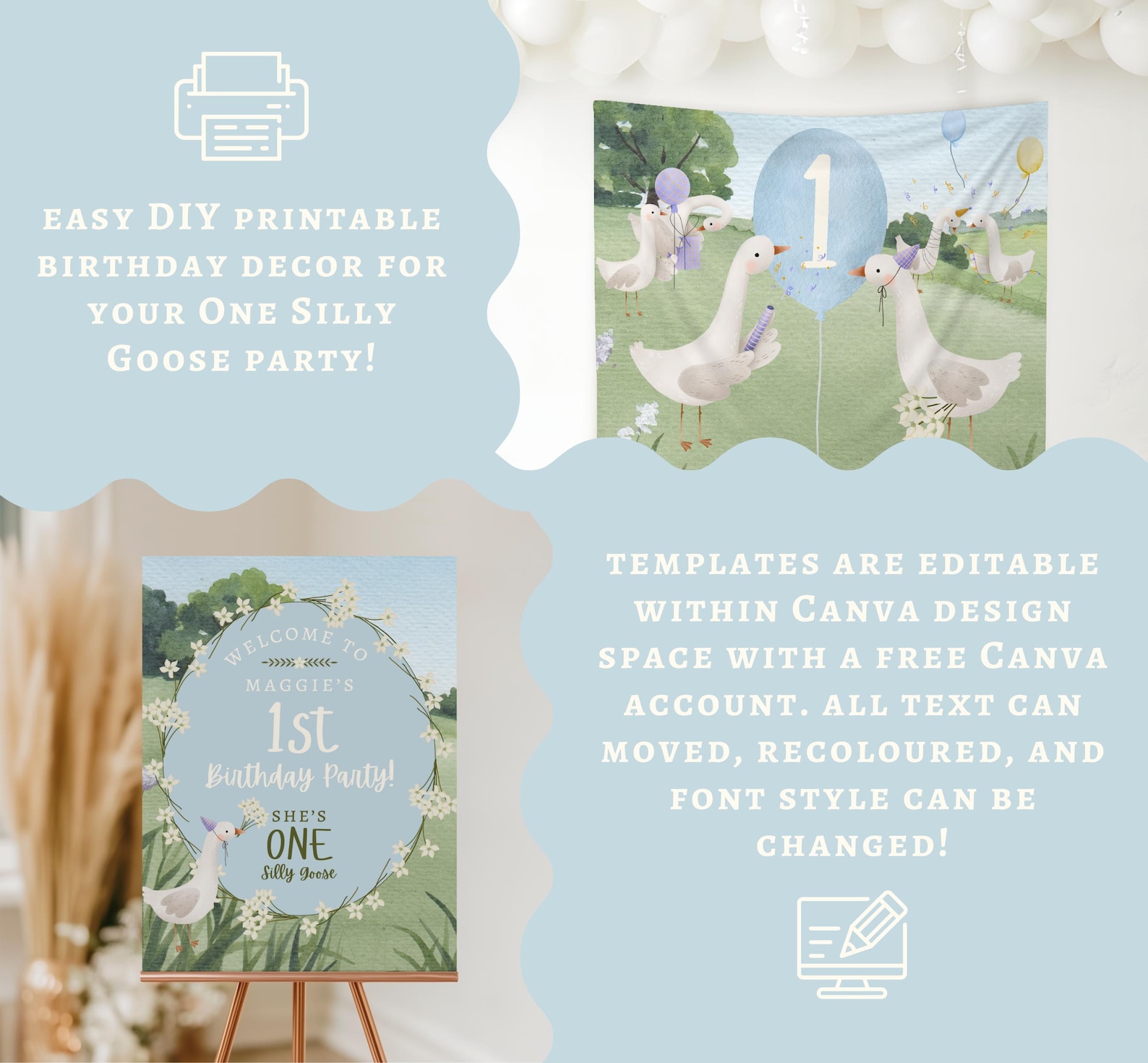 EDITABLE One Silly Goose 1st Birthday Printable Bundle Includes Party ...