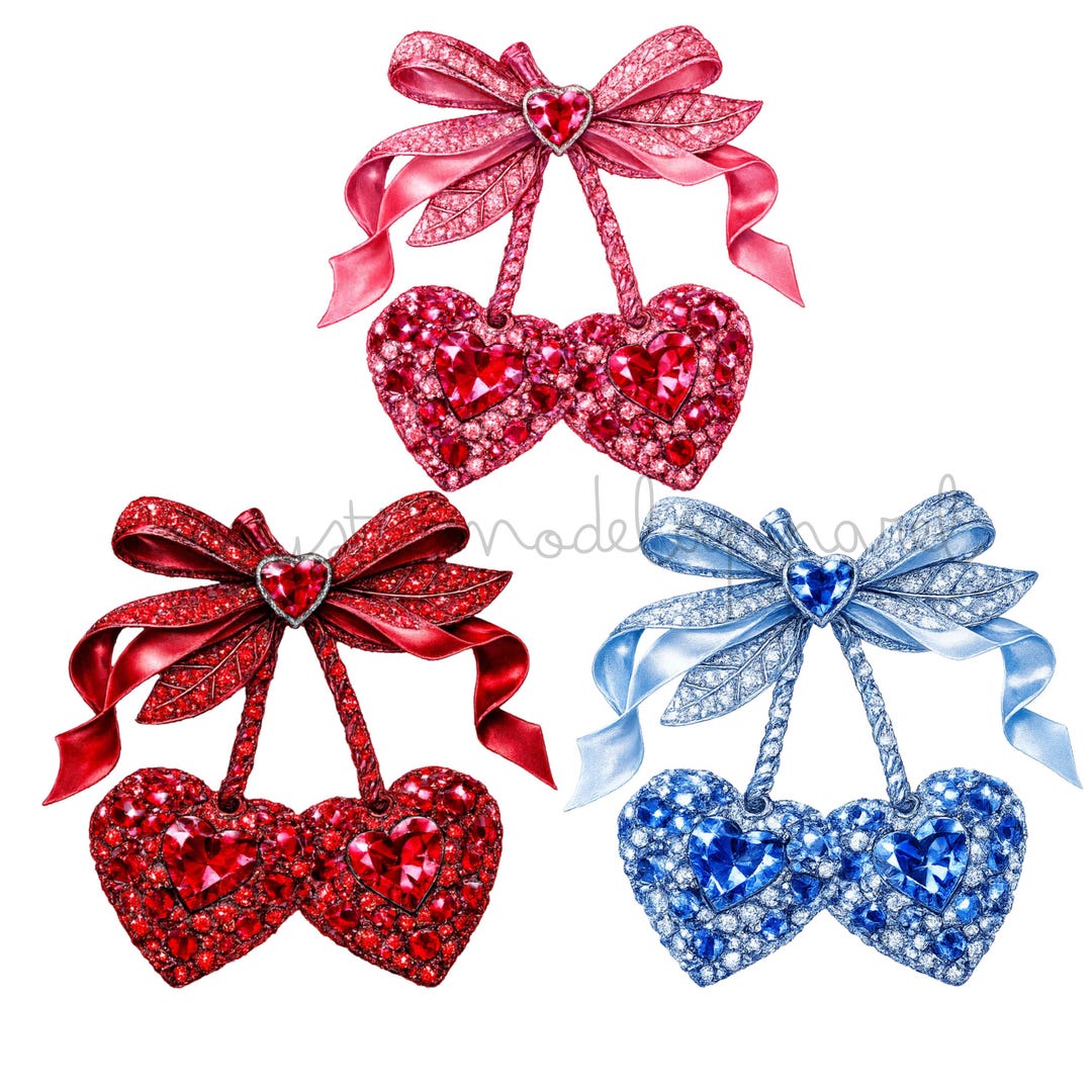 Valentine Cherry Rhinestone PNG Bundle, Faux Glitter Design, Vday ...