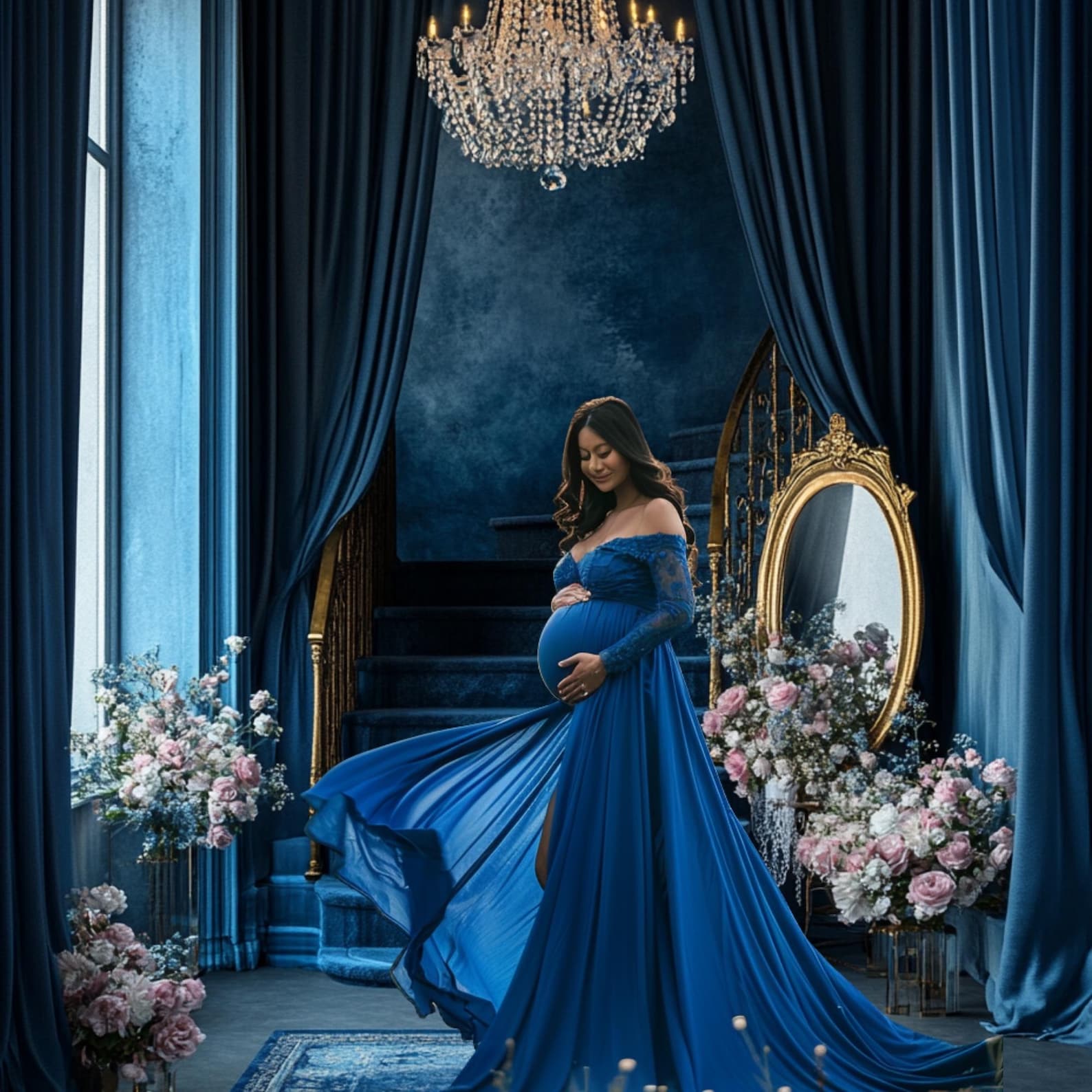 Blue Floral Maternity Digital Backdrop – Ai-designed Photo Overlay ...