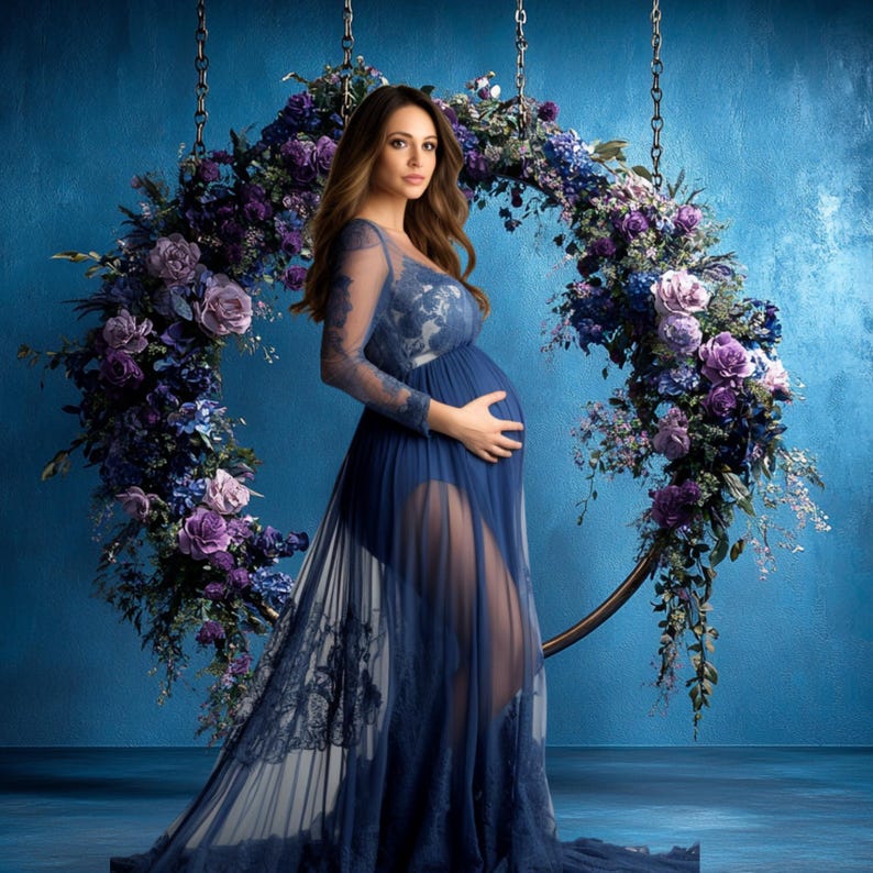 Blue Floral Maternity Digital Backdrop – Ai-designed Photo Overlay ...