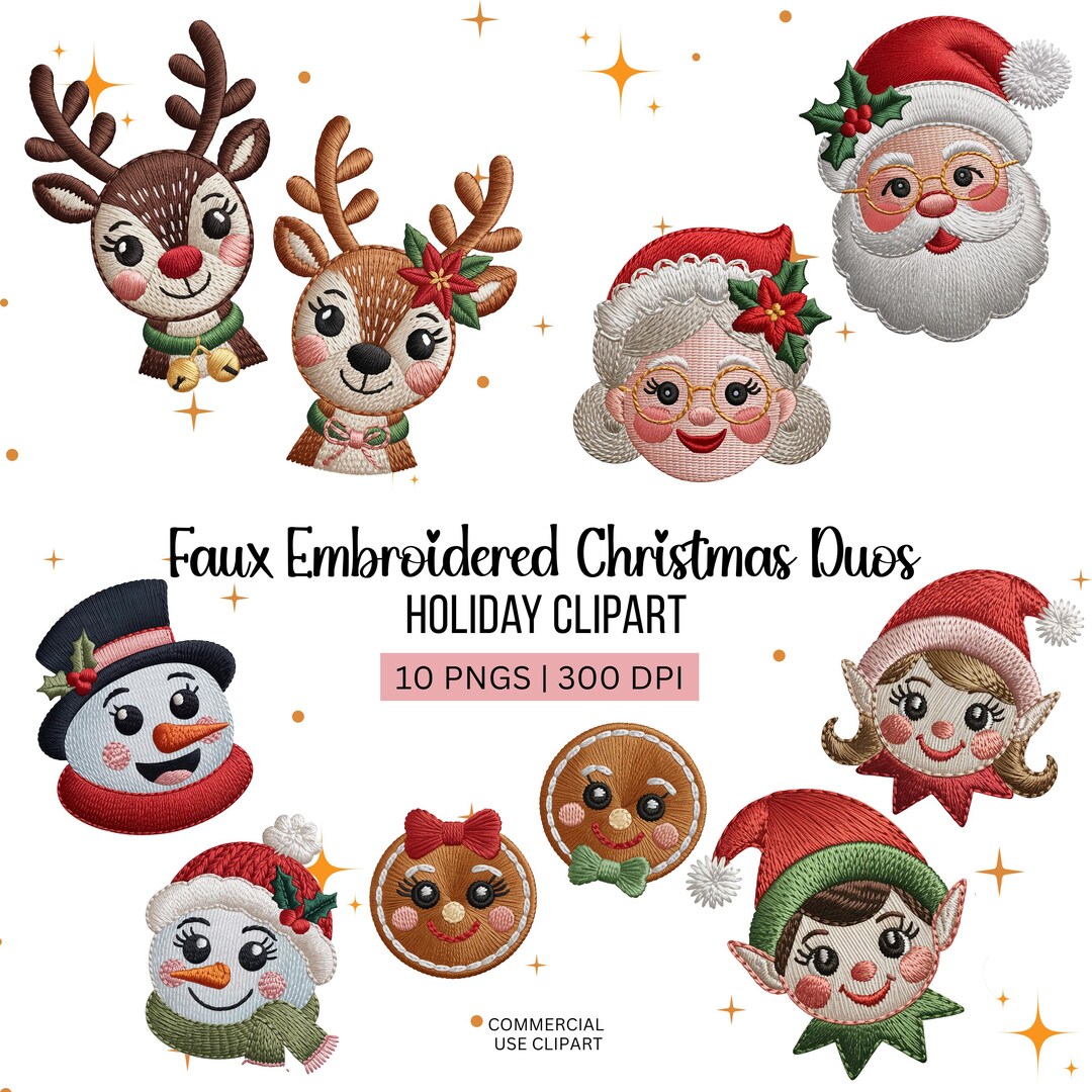 Faux Embroidered Christmas Duos Clipart | Holiday Character PNG Bundle ...