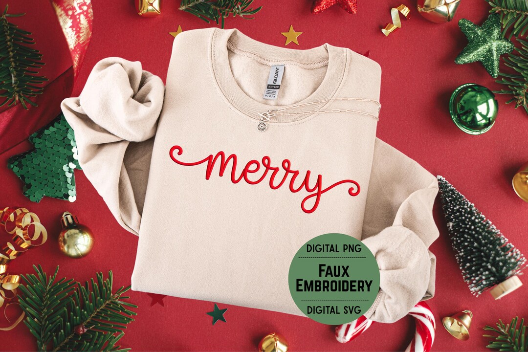 Red Satin Stitch Merry PNG SVG | Faux Embroidery Text Design for POD ...