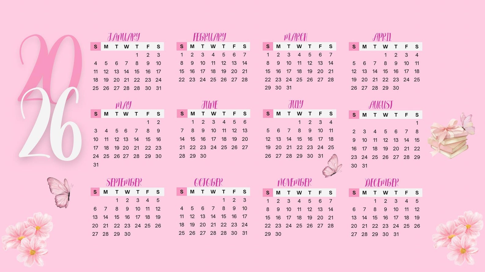 2026 Pink Blue Aesthetic Calendar | Printable Year at a Glance | PDF ...