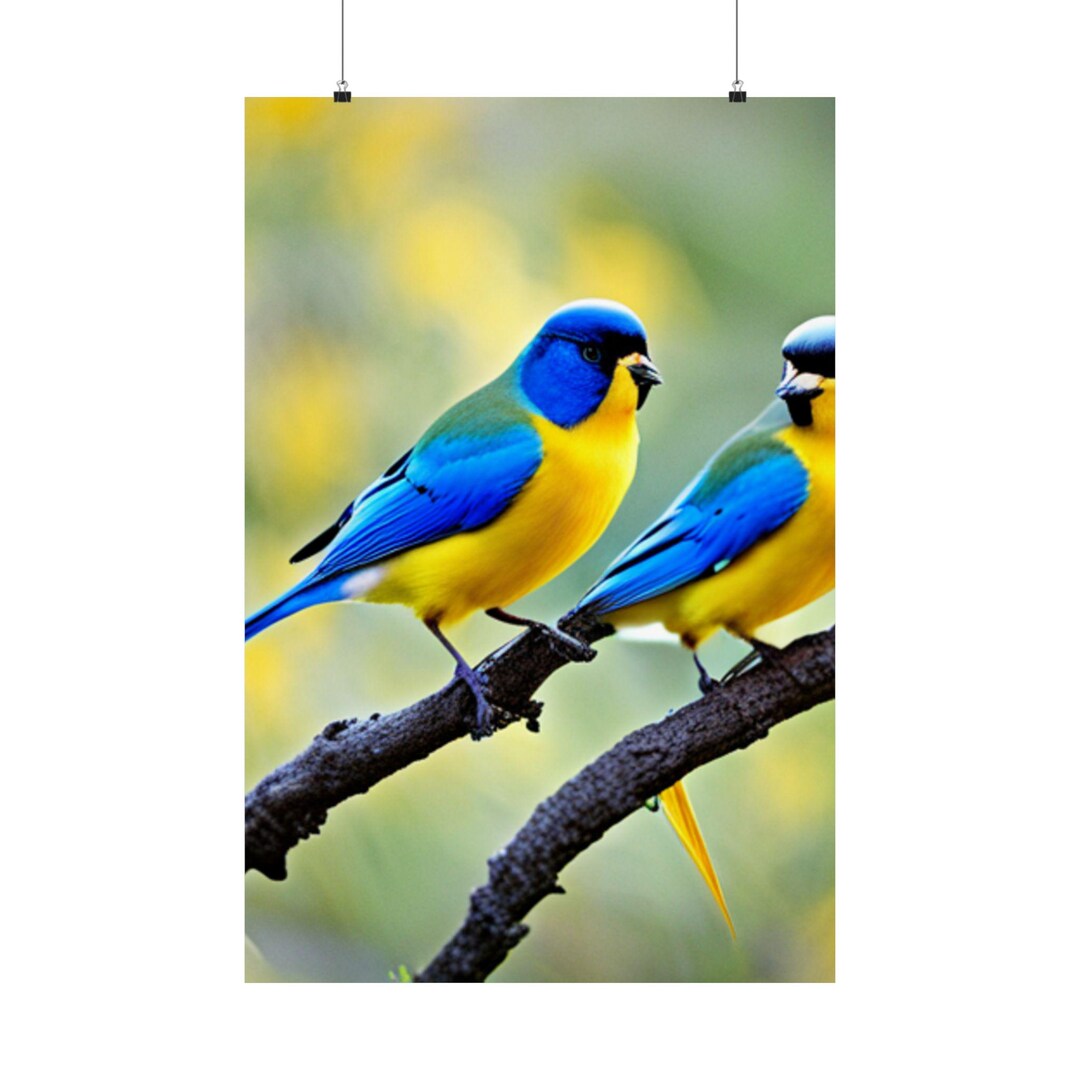 Vertical Poster, Two Birds Matte Wall Art Print, Blue and Yellow Bird ...