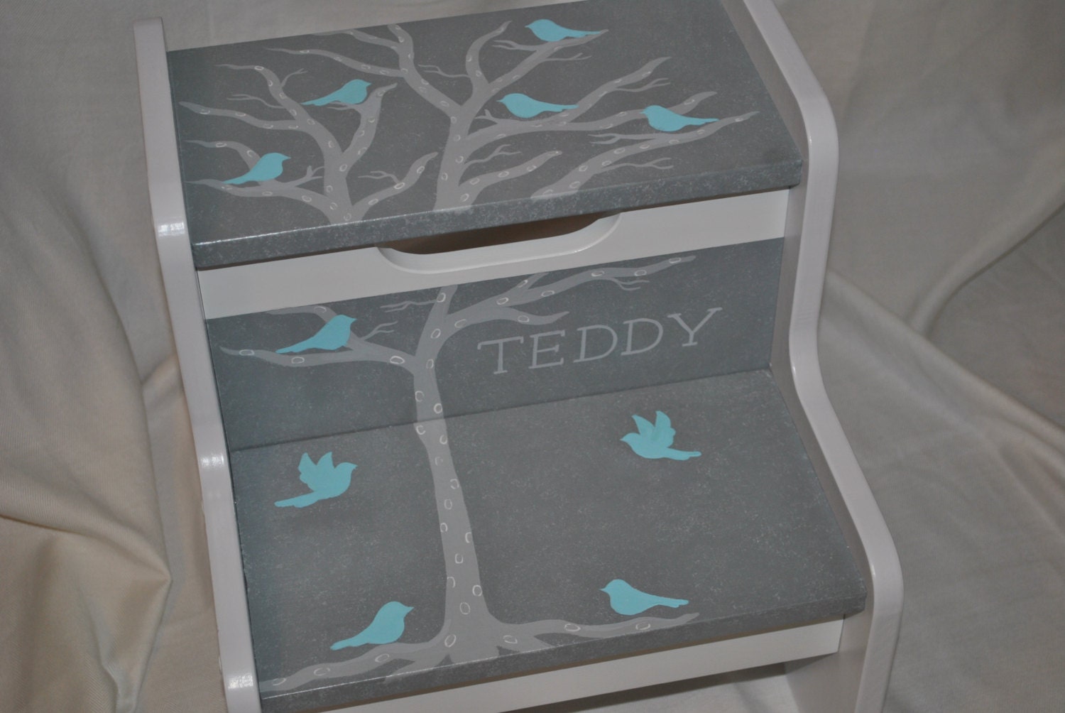 Kids 2 Step Stool - Falling Leaves With Birds - Grey - Teal - Etsy