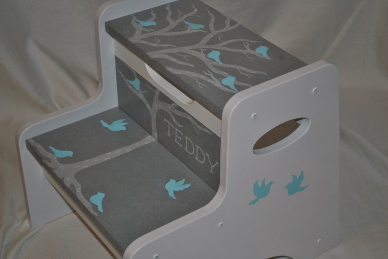 Kids 2 Step Stool - Falling Leaves With Birds - Grey - Teal - Etsy