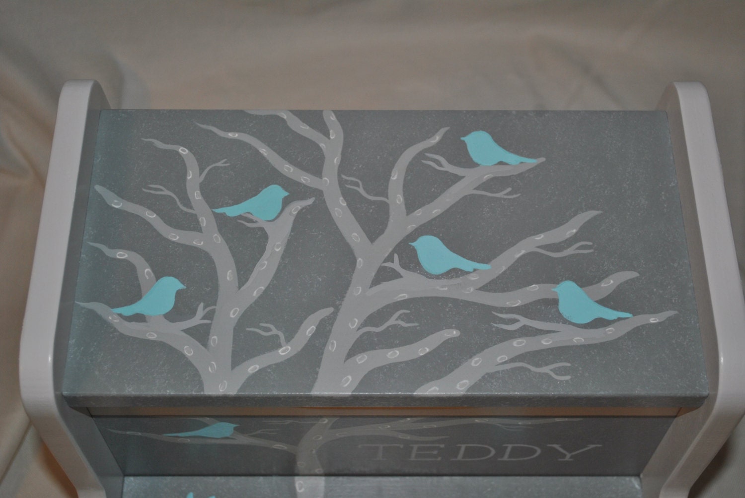 Kids 2 Step Stool - Falling Leaves With Birds - Grey - Teal - Etsy