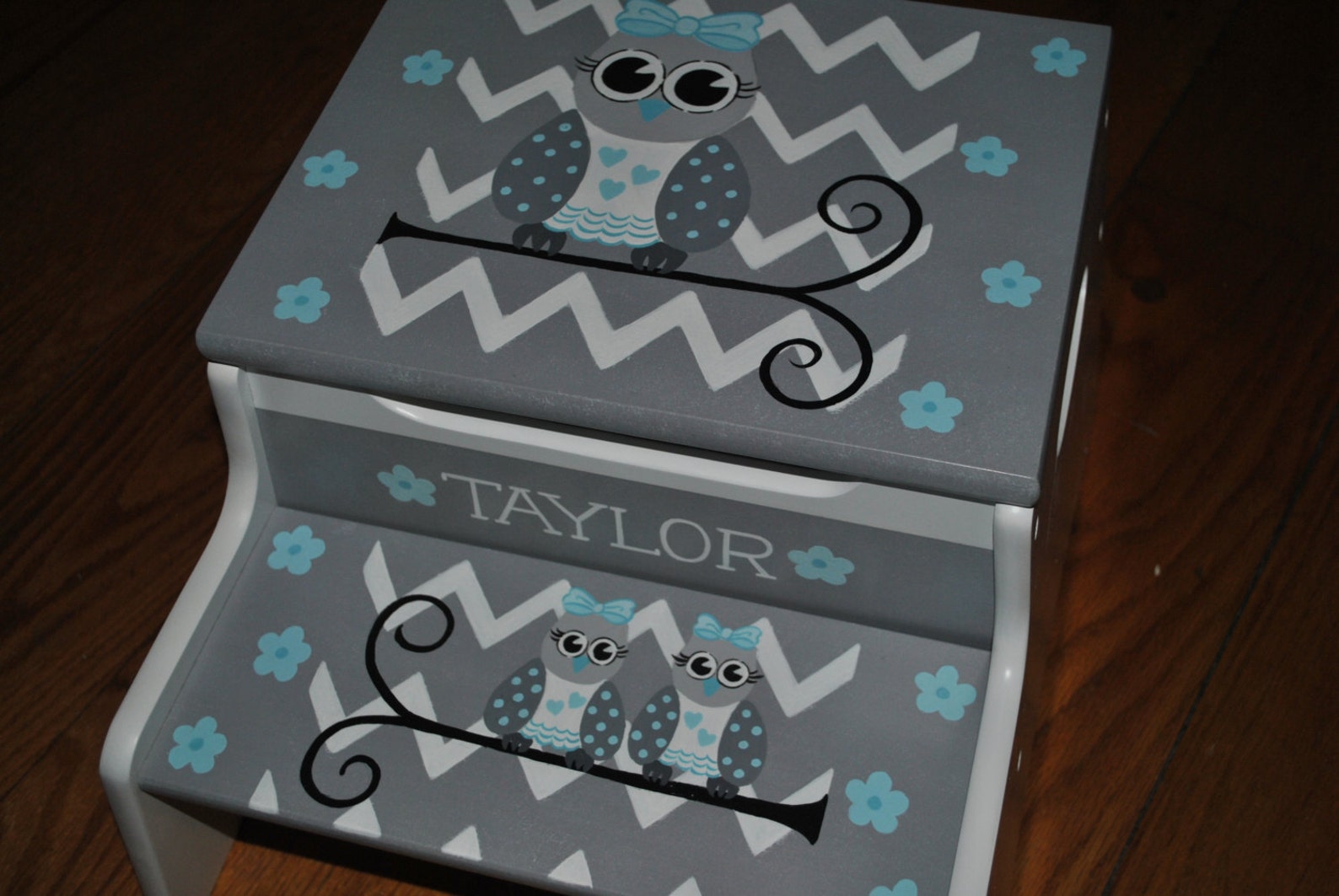 Kids 2 Step Stool Storage Area Under Top Step Chevron Owl | Etsy