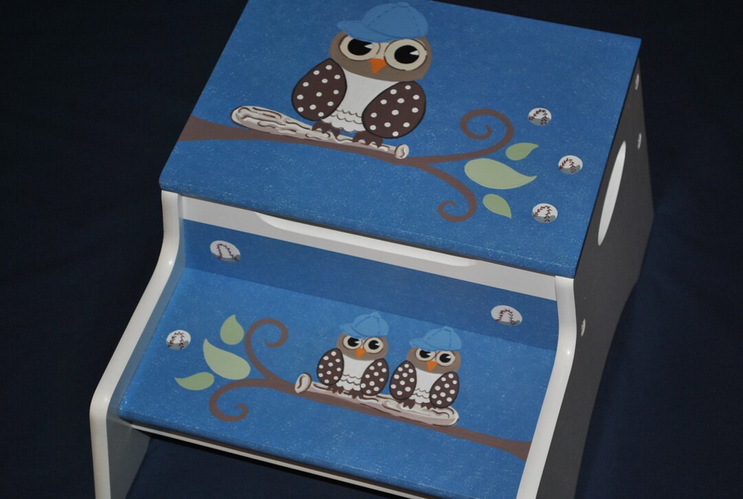 Kids 2 Step Stool, Owl, Baseball, Childrens Step Stool, Hand Painted ...