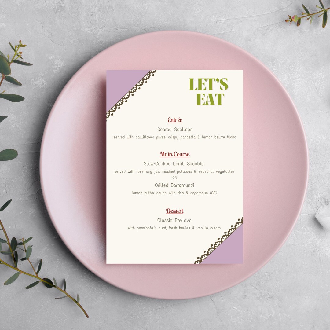 Mauve Retro Wedding Food Menu Template: Editable Canva Design - Etsy