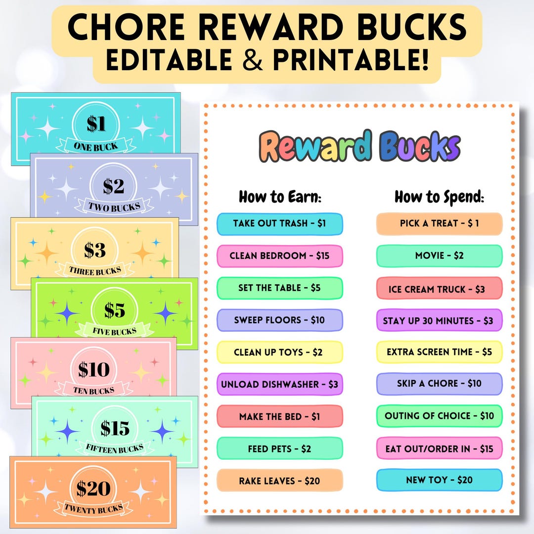 Kids Chore Chart: Reward Bucks, Play Money (digital Download) - Etsy