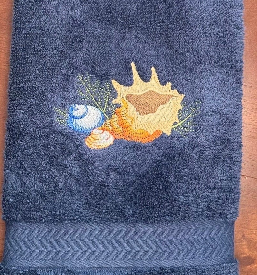 Navy Hand Towel - Embroidered Seashells - Etsy