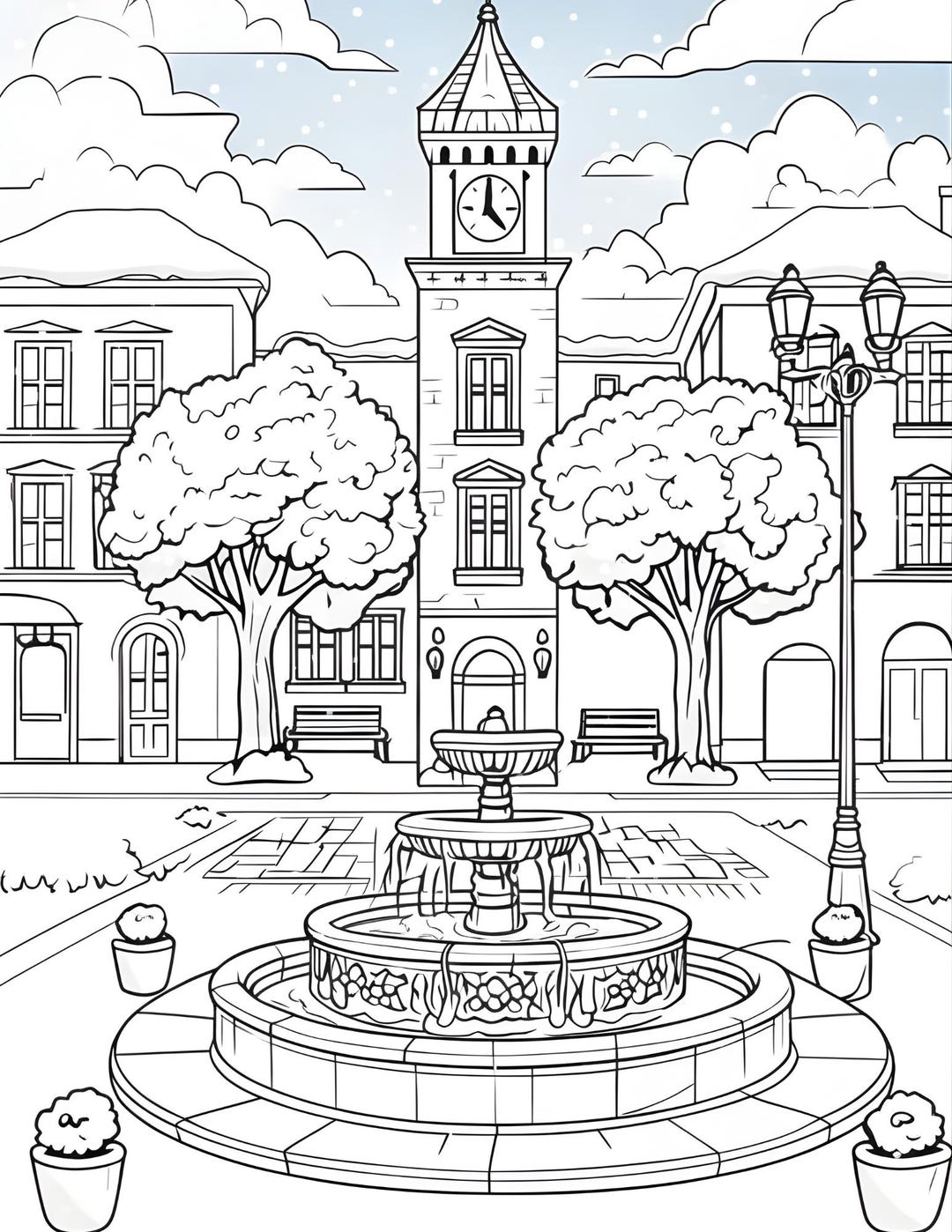 Snowy City Hall Coloring Page | Winter Fountain Scene | Cozy Town ...
