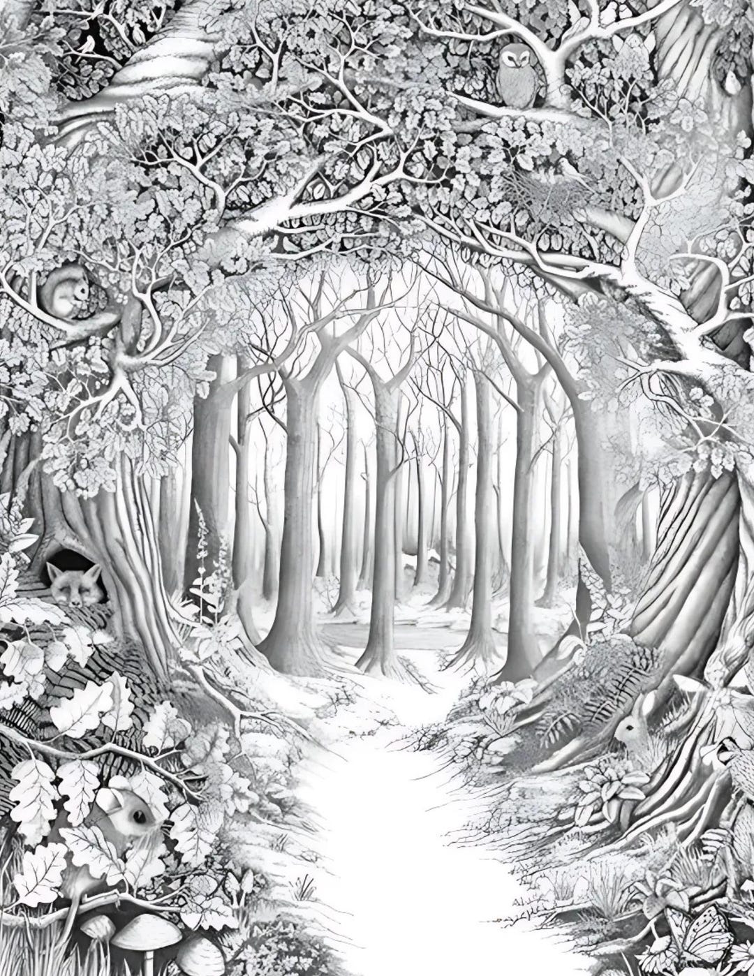 Whimsical Forest Coloring Page - Printable Nature Scene for Relaxation ...