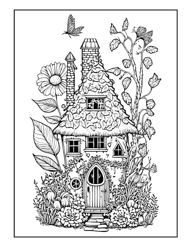 Whimsical Fairy Cottage Coloring Page | Cozy Forest Home Printable Art ...