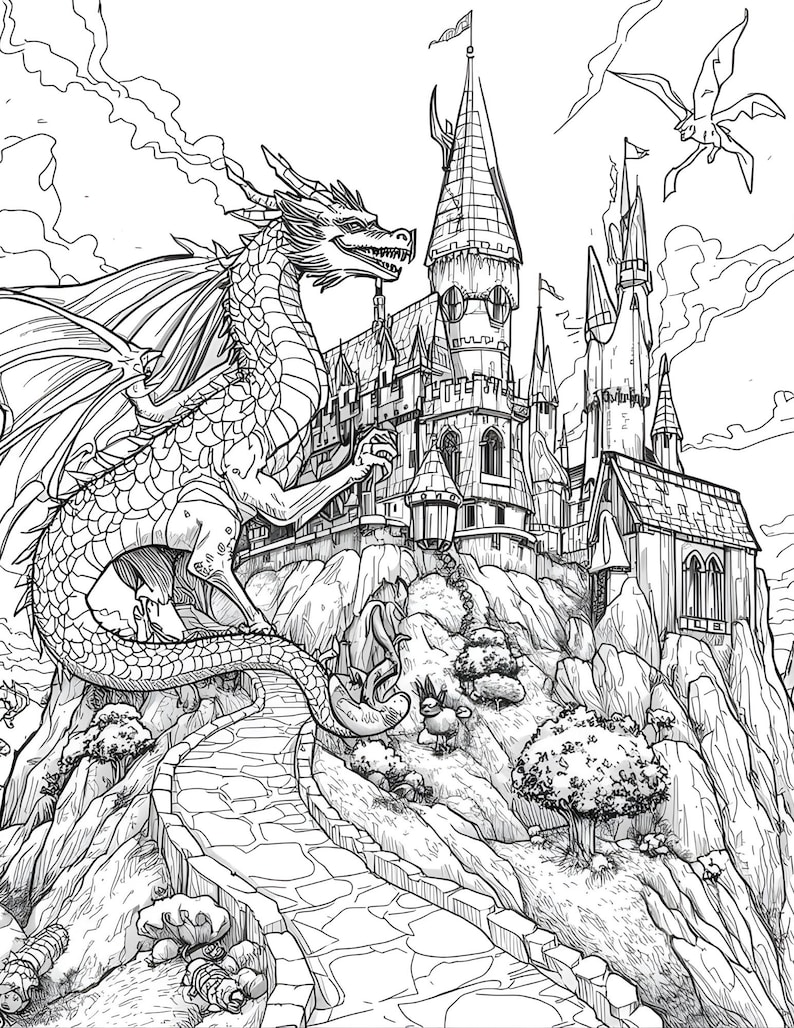 Fantasy Castle and Dragon Coloring Page | Magical Printable Art for ...
