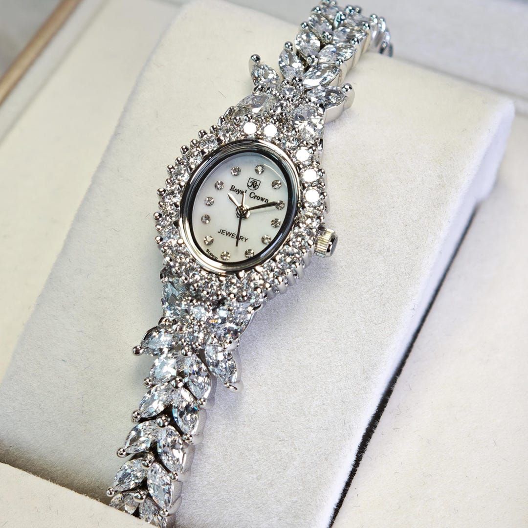 Floral Simulated Diamond Ladies Watch: Mother of Pearl Dial, 18K White ...