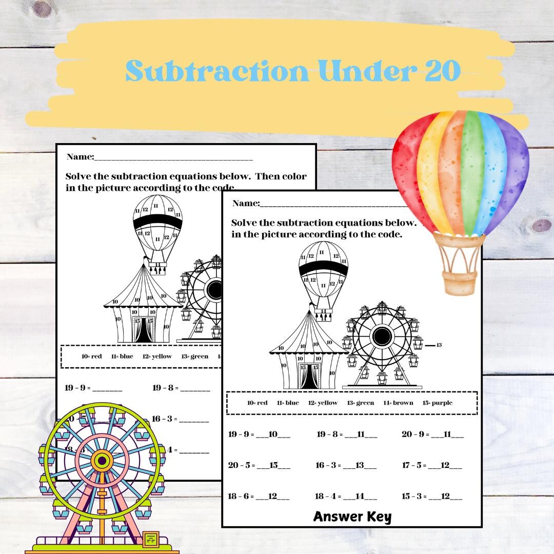 Math Subtraction Practice Worksheet for Differences Below 20 Color by ...