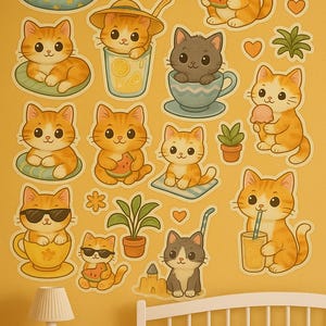 Cute Cat Summer Stickers – 14 Kawaii Kitten Clipart Pngs, Beach Cat ...